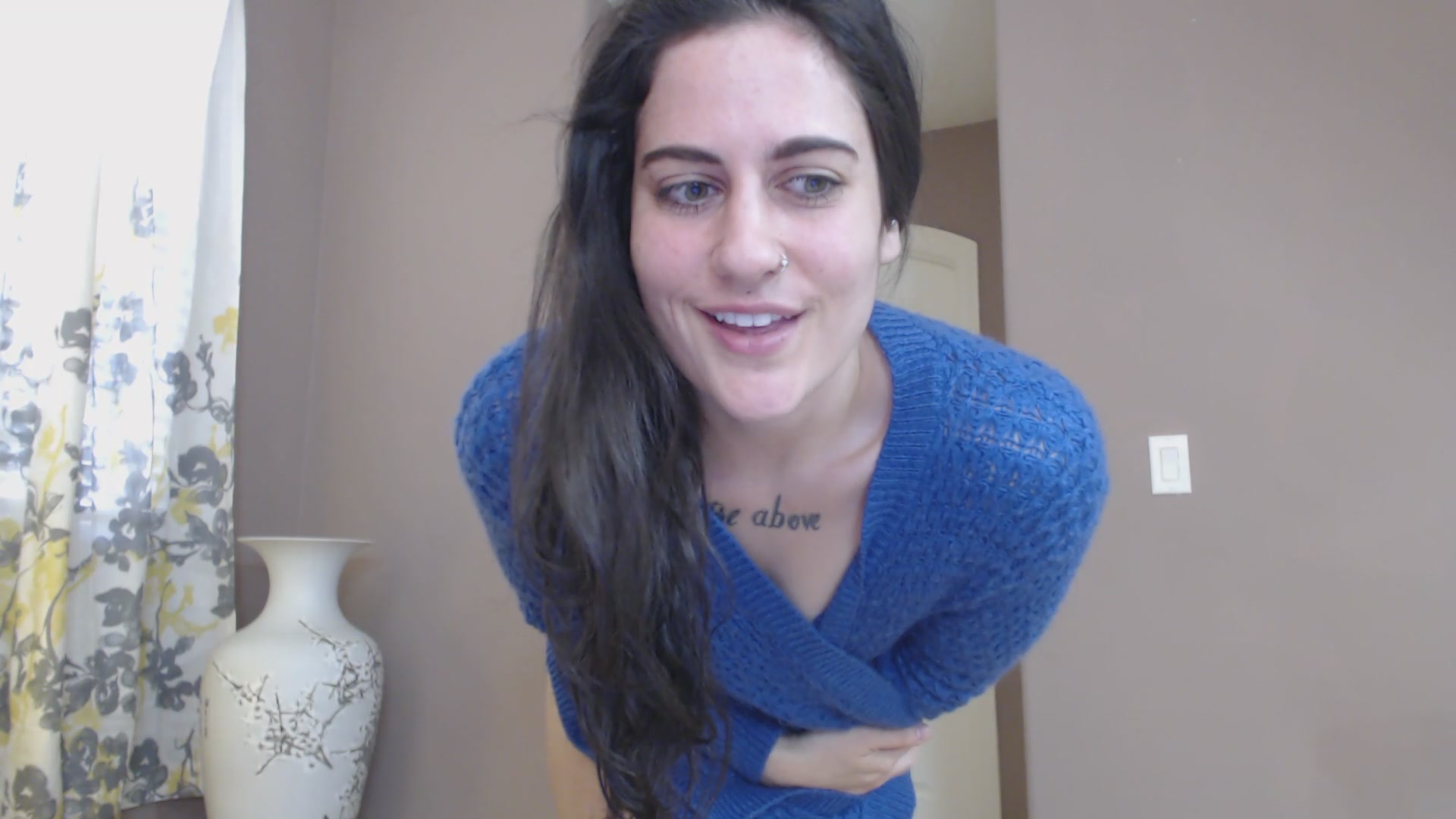 Erin Marie Okeefe Aka Goddess Green Eyed Teasing In A Blue Cardigan